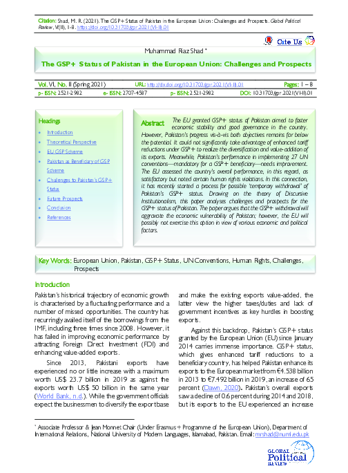 (PDF) The GSP+ Status of Pakistan in the European Union: Challenges and ...