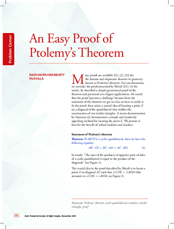 (PDF) An easy proof of Ptolemy’s theorem