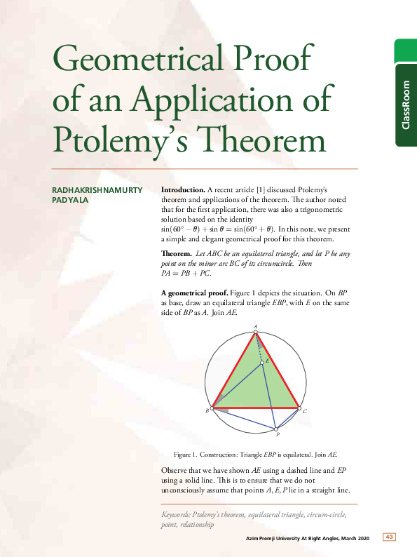 (PDF) Geometrical proof of an application of Ptolemy’s theorem