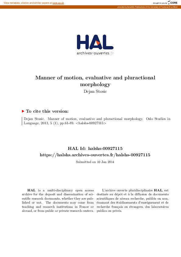 (PDF) Manner of motion, evaluative and pluractional morphology | Dejan Stosic - Academia.edu