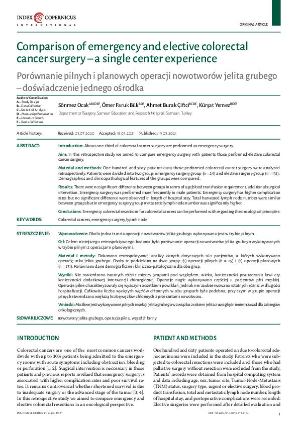 (PDF) Comparison Of Emergency And Elective Colorectal Cancer Surgery- A Single Center Experience