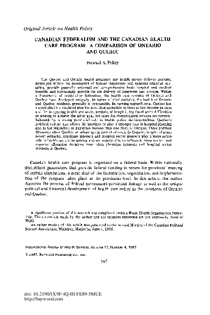 (PDF) Canadian Federalism and the Canadian Health Care Program: A ...