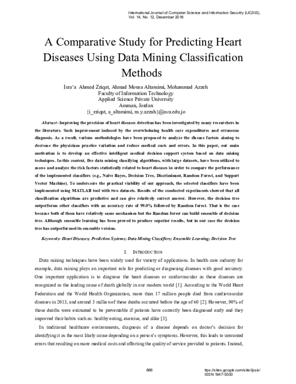(PDF) A Comparative Study for Predicting Heart Diseases Using Data Mining Classification Methods