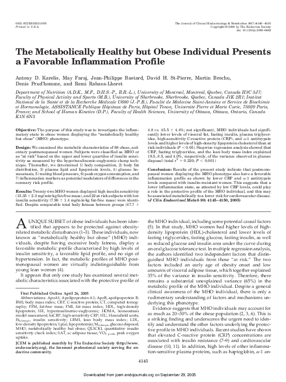(PDF) The Metabolically Healthy but Obese Individual Presents a ...