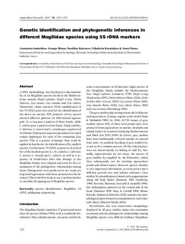 (PDF) Genetic identification and phylogenetic inferences in different Mugilidae species using 5S ...
