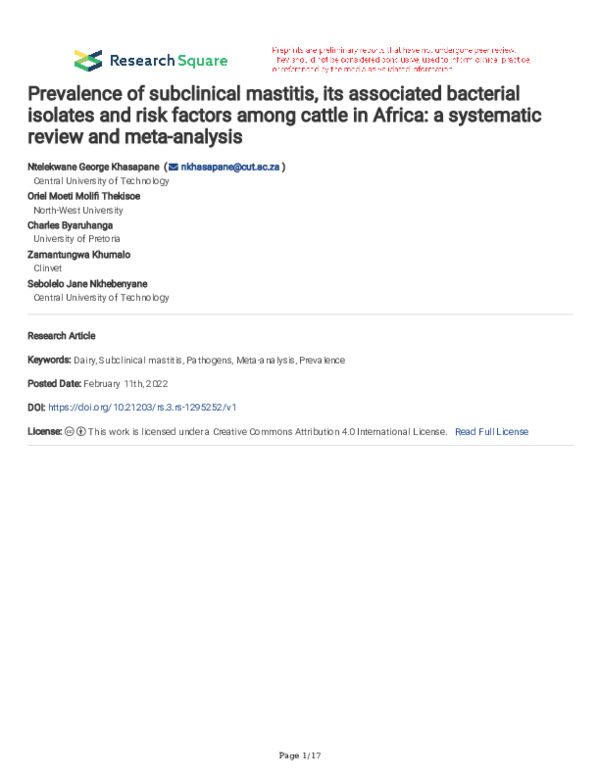 (PDF) Subclinical Mastitis Prevalence and Risk Factors in Africa