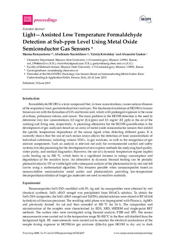 (PDF) Light—Assisted Low Temperature Formaldehyde Detection at Sub-ppm Level Using Metal Oxide ...