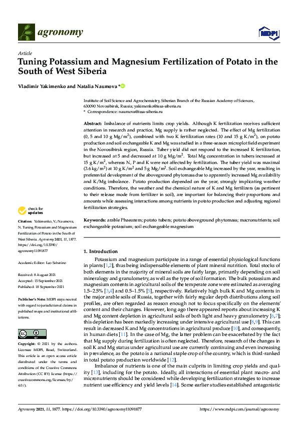 (PDF) Tuning Potassium and Magnesium Fertilization of Potato in the ...
