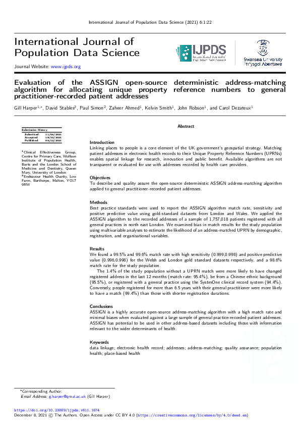 (PDF) Evaluation of the ASSIGN open-source deterministic address-matching algorithm for ...