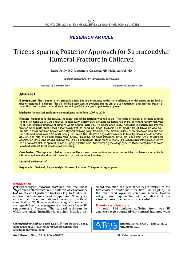 (PDF) Triceps-sparing Posterior Approach for Supracondylar Humeral ...