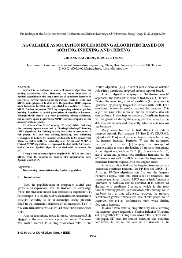 Pdf A Scalable Association Rules Mining Algorithm Based On Sorting