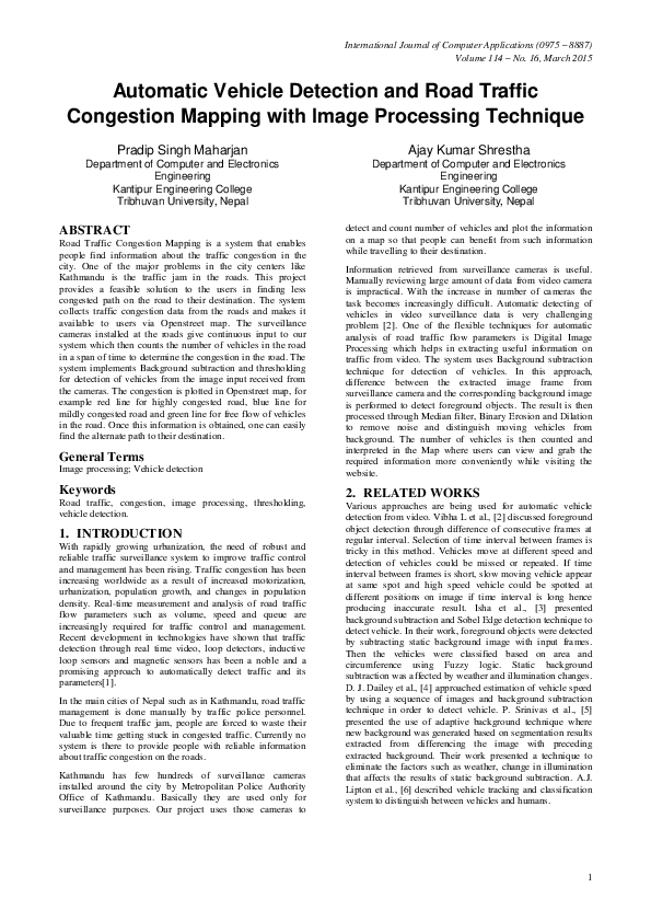 Pdf Automatic Vehicle Detection And Road Traffic Congestion Mapping With Image Processing