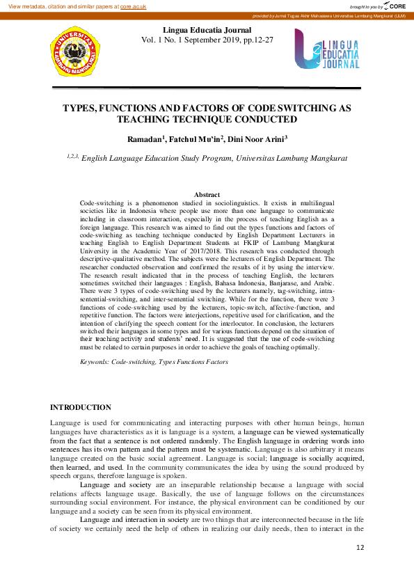 (PDF) Types, Functions and Factors of Code Switching as Teaching ...