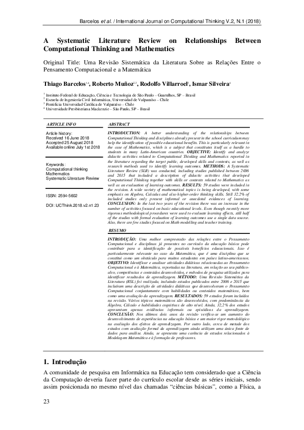Pdf A Systematic Literature Review On Relationships Between Computational Thinking And Mathematics