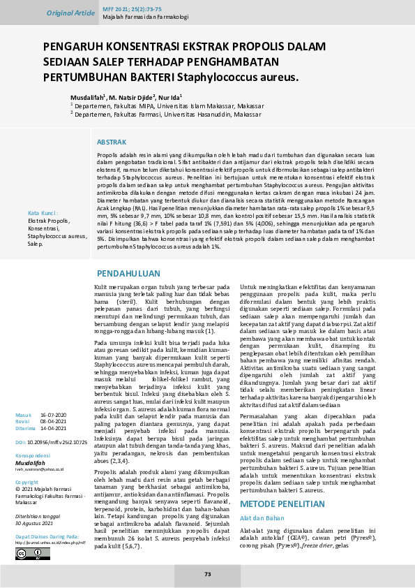 (PDF) PENGARUH KONSENTRASI EKSTRAK PROPOLIS DALAM SEDIAAN SALEP TERHADAP PENGHAMBATAN ...