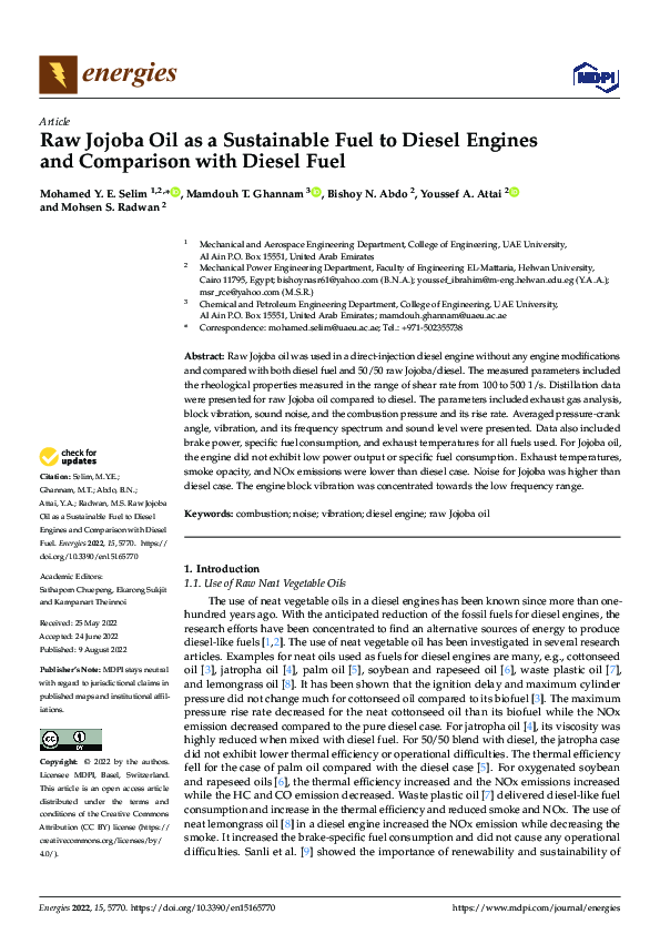 (PDF) Raw Jojoba Oil as a Sustainable Fuel to Diesel Engines and ...