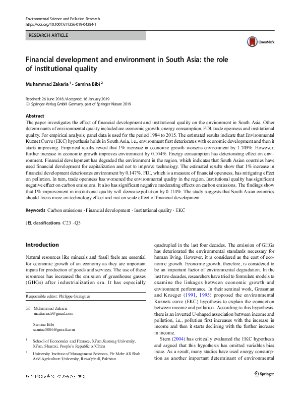 (PDF) Financial development and environment in South Asia: the role of ...