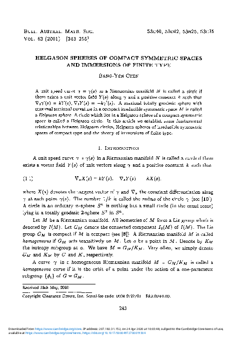 Pdf Helgason Spheres Of Compact Symmetric Spaces And Immersions Of