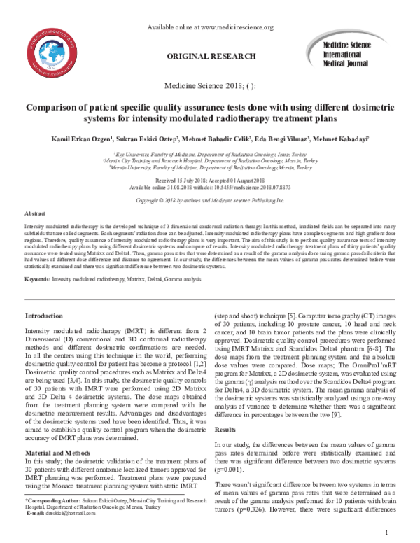 Pdf Quality Assurance In Imrt A System Comparison