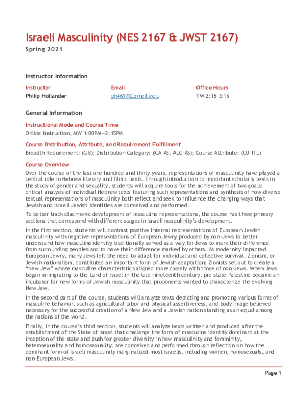 Pdf Israeli Masculinity Syllabus Cornell University Spring 2021