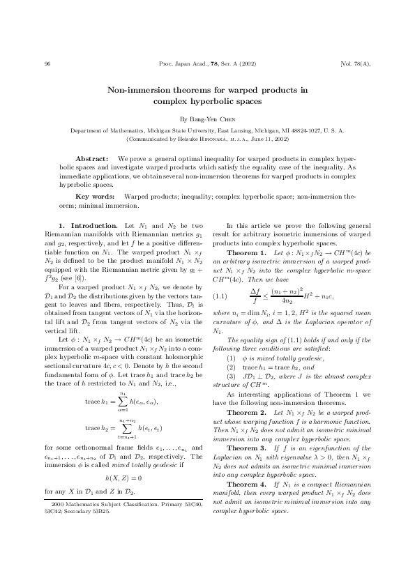 (PDF) Non-immersion theorems for warped products in complex hyperbolic ...