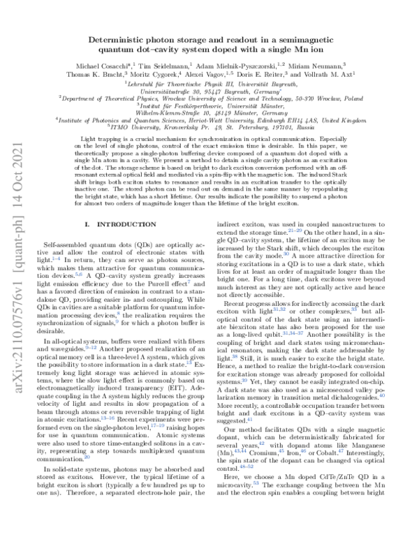 (PDF) Deterministic Photon Storage and Readout in a Semimagnetic Quantum Dot–Cavity System Doped ...