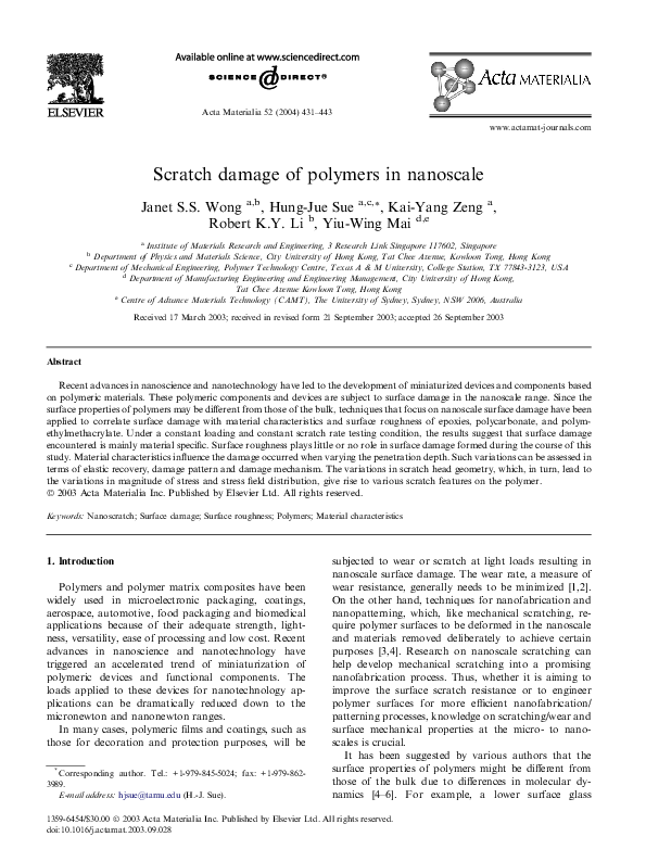 (PDF) Scratch damage of polymers in nanoscale