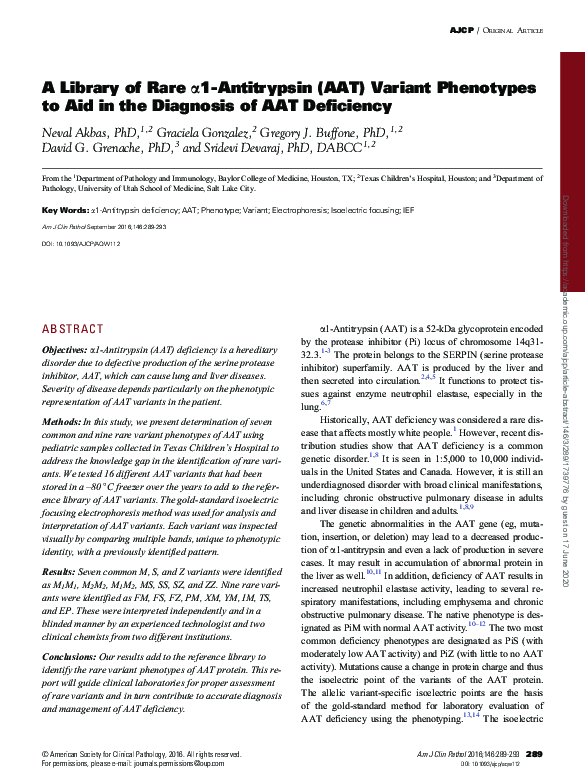 (PDF) A Library of Rare α1-Antitrypsin (AAT) Variant Phenotypes to Aid in the Diagnosis of AAT ...