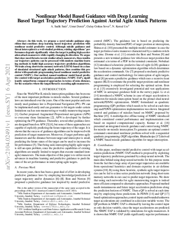 (PDF) Nonlinear Model Based Guidance with Deep Learning Based Target ...