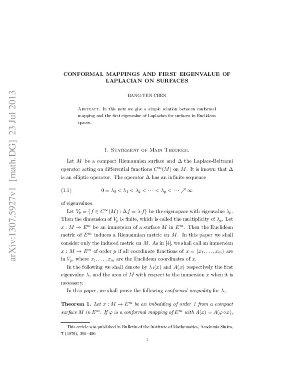 (PDF) Conformal mappings and first eigenvalue of Laplacian on surfaces