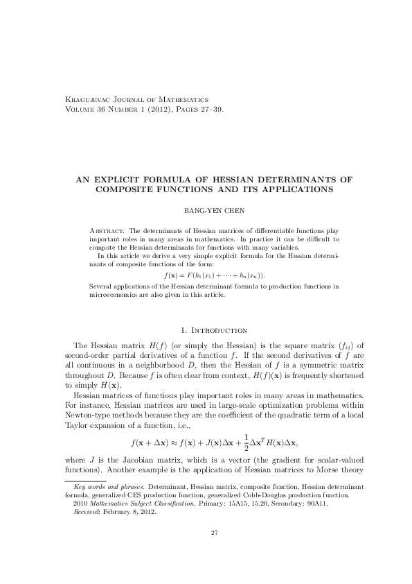 Pdf An Explicit Formula Of Hessian Determinants Of Composite Functions And Its Applications