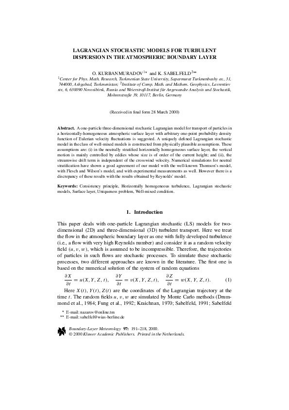 (PDF) Lagrangian Stochastic Models For Turbulent Dispersion In The Atmospheric Boundary Layer