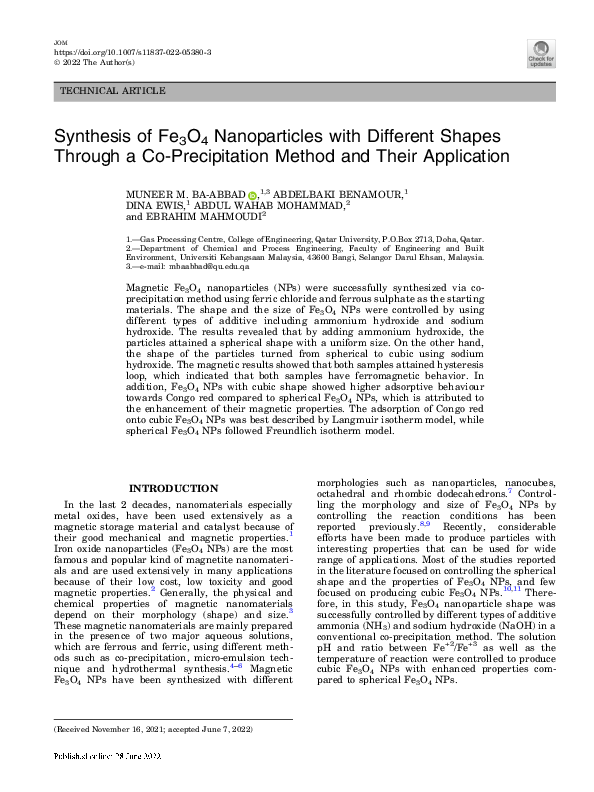 (PDF) Synthesis of Fe3O4 Nanoparticles with Different Shapes Through a Co-Precipitation Method ...