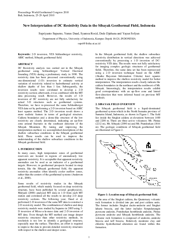 (PDF) New Interpretation of DC Resistivity Data in the Sibayak Geothermal Field, Indonesia