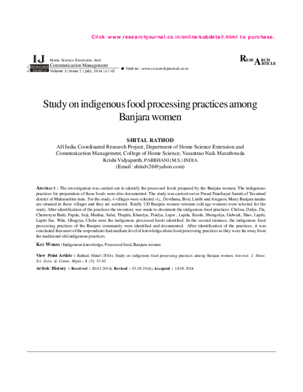 (PDF) Study on indigenous food processing practices among Banjara women