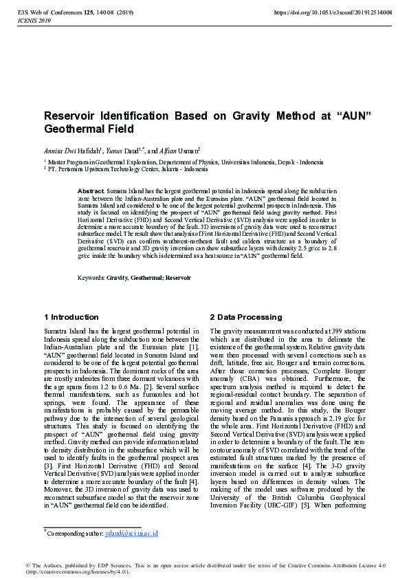 (PDF) Reservoir Identification Based on Gravity Method at “AUN” Geothermal Field