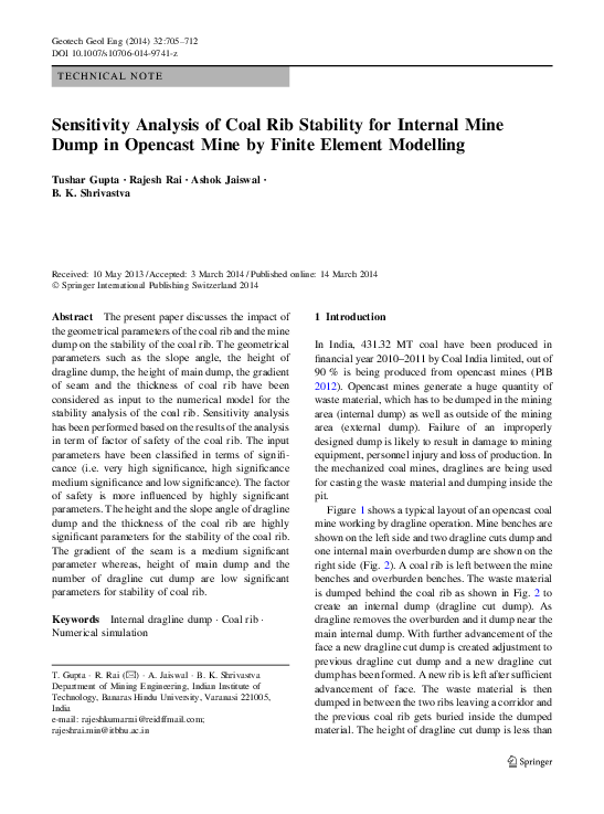(PDF) Sensitivity Analysis of Coal Rib Stability for Internal Mine Dump ...