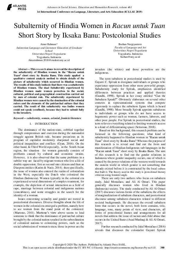 (PDF) Subalternity of Hindia Women in Racun untuk Tuan Short Story by ...
