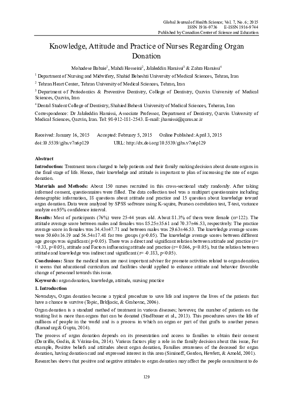 (PDF) Knowledge, Attitude and Practice of Nurses Regarding Organ Donation