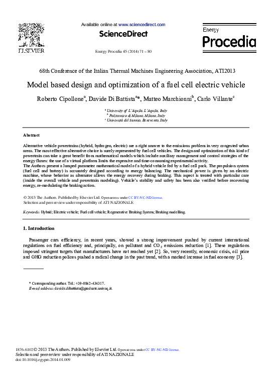 (PDF) Model based design and optimization of a fuel cell electric vehicle
