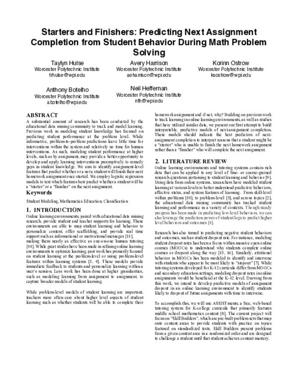 (PDF) Starters and Finishers: Predicting Next Assignment Completion ...