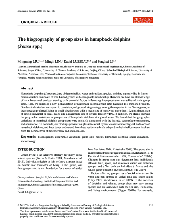 (PDF) The biogeography of group sizes in humpback dolphins ( Sousa spp.)