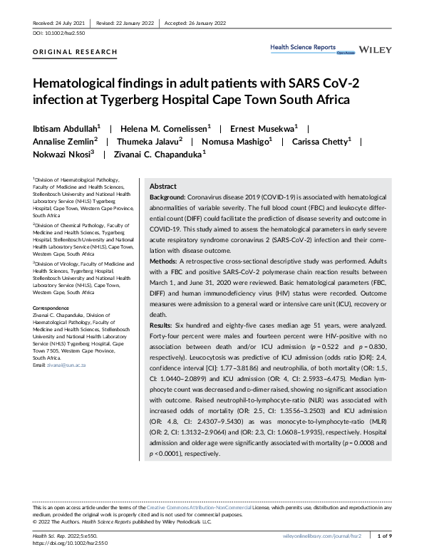 (PDF) Hematological findings in adult patients with SARS CoV‐2 ...