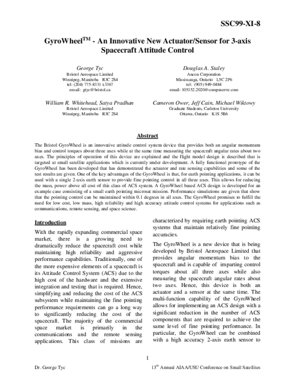 (PDF) GyroWheel TM-An Innovative New Actuator/Sensor for 3-axis Spacecraft Attitude Control