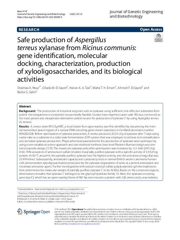 (PDF) Safe production of Aspergillus terreus xylanase from Ricinus communis: gene identification ...