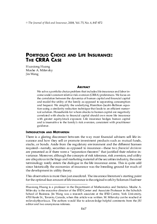 (PDF) Portfolio Choice and Life Insurance: The CRRA Case