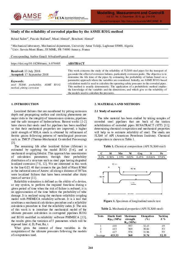 (PDF) Study of the reliability of corroded pipeline by the ASME B31G method