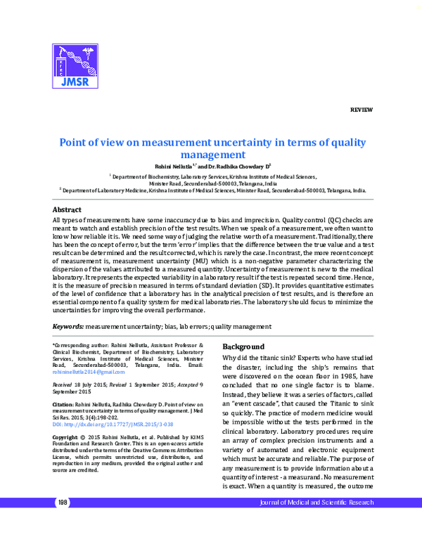 (PDF) Point of view on measurement uncertainty in terms of quality management