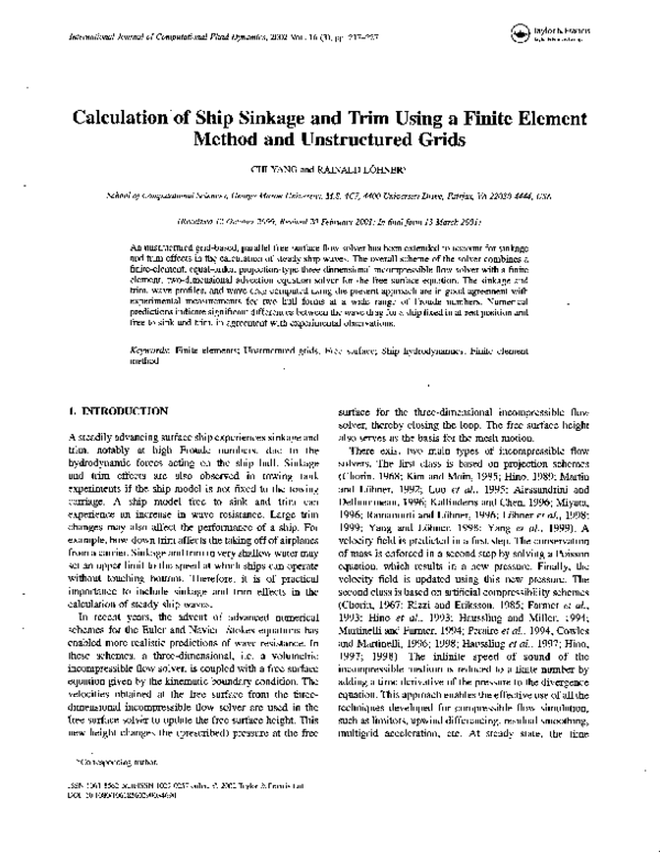 Pdf Calculation Of Ship Sinkage And Trim Using A Finite Element Method And Unstructured Grids