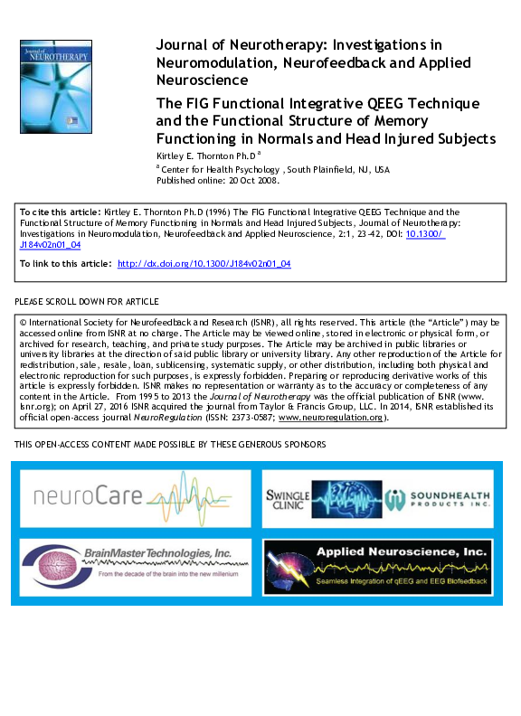 (PDF) The FIG Functional Integrative QEEG Technique and the Functional ...